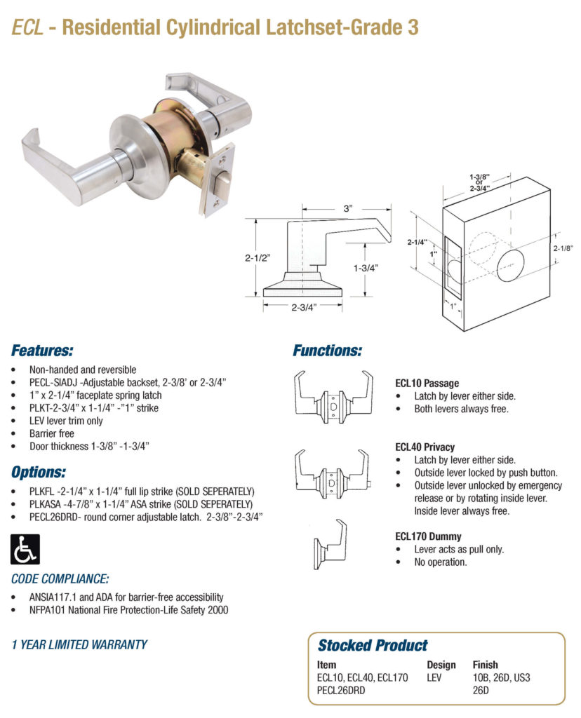 Locks – ECL Grade 3 Cylindrical Lock – Doormerica Hardware